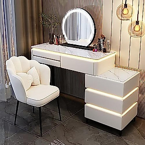 Attega Vanity Desk Set with Adjustable LED Lighted Mirror, Modern White Makeup Vanity Table with 6 Drawers and Cushioned Stool, Bedroom Dressing Table - 31.5 Inch