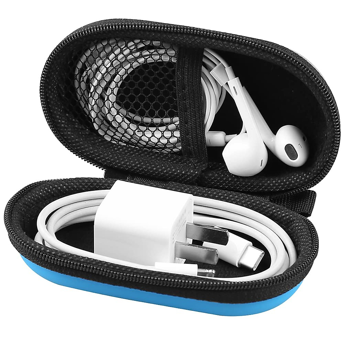 Earbud Case, RISETECH Earphone Carrying Case Holder EVA Headphone Storage Bag Small Zipper Pouch Compatible for EarPods, AirPods, Beats Flex, Urbeats3, Bose Wireless Earbuds, USB Cable, with Clip-Blue