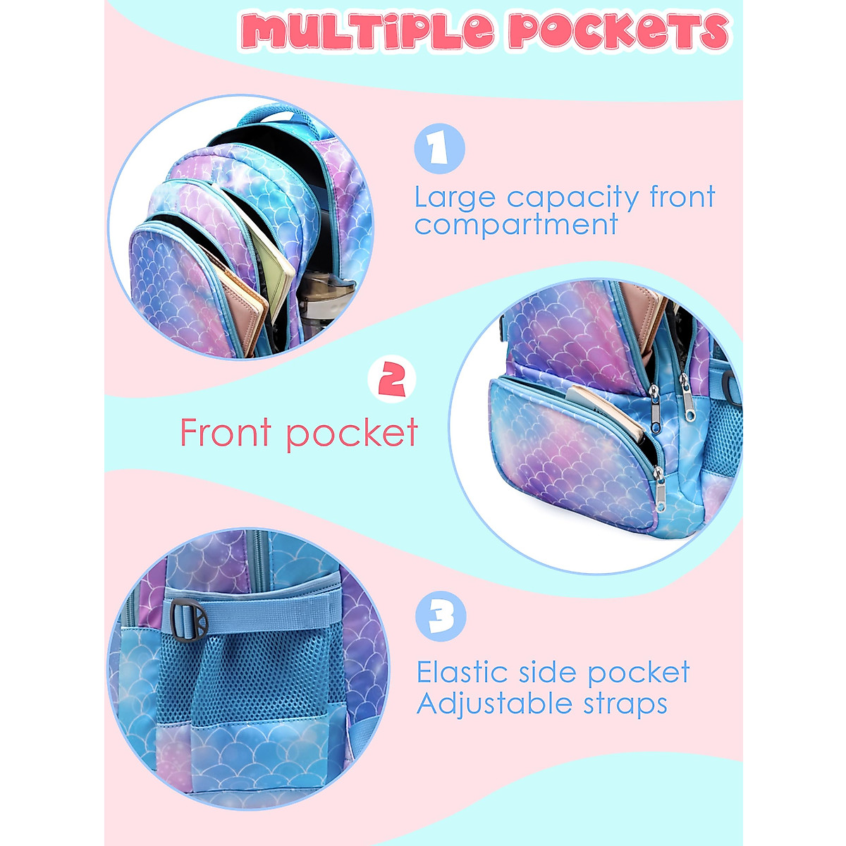 BLUEFAIRY Girls Backpack with Lunch Box Set Mermaid School Bag Set for Kids Elementary Primary School Book Bags Back to School Bookbags for Childs Lightweight Mochila para Niñas Cute Gifts Aged 4-8