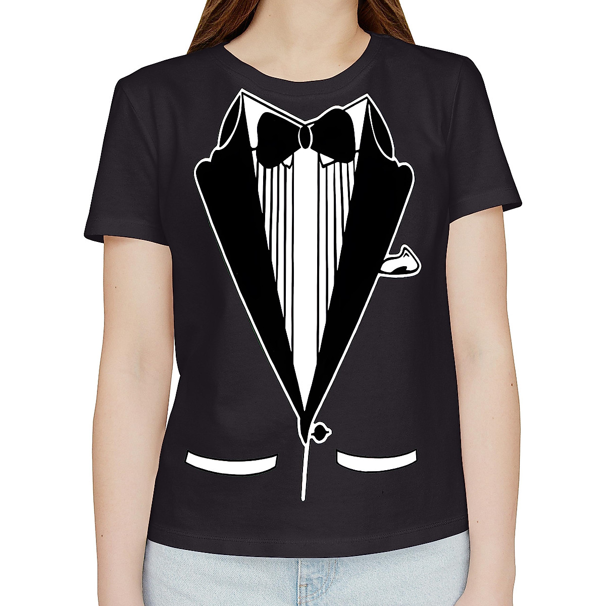fresh tees Unisex Tuxedo Shirt | Classic Party Humor Vintage Tee | Tux with Bowtie&Pockets | Funny T-Shirt for Men/Women (Large, Black)