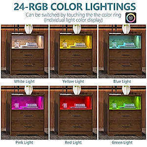 dnbss Brown Nightstand with Charging Station, Smart Bedside Table with 24-Color RGB LED Lights, Charging Nightstand for Bedroom, Modern End Side Table for Living Room Office