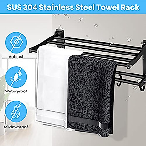 COSIFO Black Bathroom Shelf with Towel Bar and Shower Hooks, 15.5inch Wall Mounted Shower Storage Shelf, Space Aluminum Double Layer Towel Rack Hanger