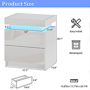 OFCASA Nightstand Set of 2 with LED Light Modern Bedside Table with 2 High Gloss Drawers Smart Night Stand for Bedroom and Living Room（White）