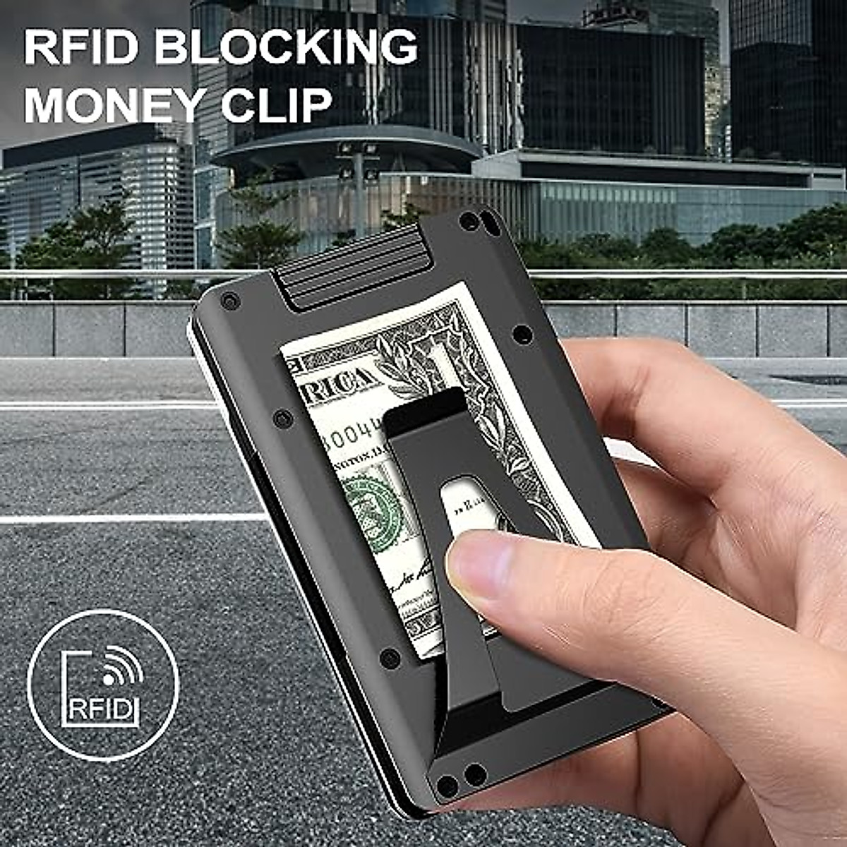 umoven Minimalist Wallet For Men - Aluminum Slim Stretchable Belt Draw-Out Metal Wallet with 1 Clear window ID Badge Holder, Holds up 15 Cards with Cash Strap. (Clip-Grey)