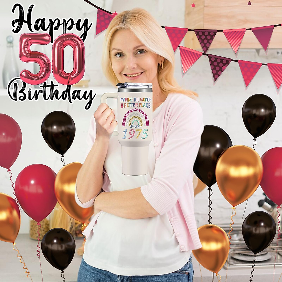50th Birthday Gifts for Women, 1975 Birthday Insulated Tumbler 40oz, 1975 Birthday Gifts for Women, 50 and Fabulous Birthday Gifts for Women Turning 50 Year Old Gift For Her Friend Sister Wife