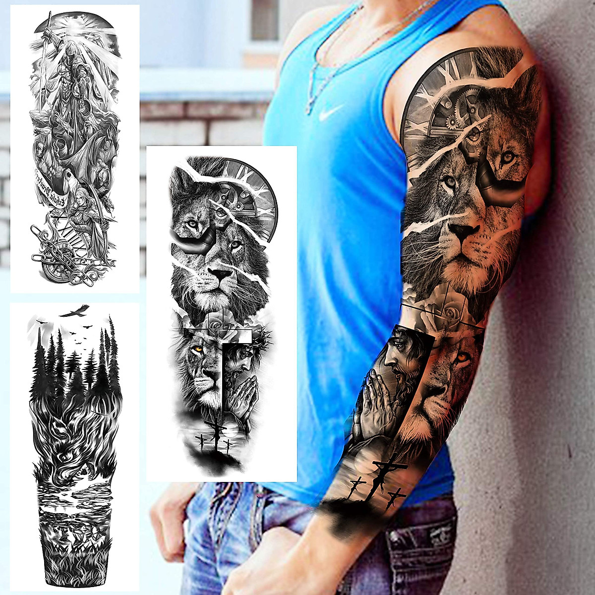 VANTATY 20 Sheets Extra Large Full Arm Temporary Tattoos For Men Adults, Tiger Snake Leopard Lion King Temporary Tattoos Sleeve For Women, Temp Waterproof Fake Tattoo Stickers For Kids Warrior Tatoos