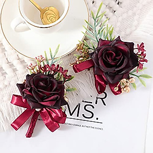 Spirit Up Art 2 Pack Burgundy Wrist Corsage and Boutonniere Set for Groom Bride Groomsmen Bridesmaids Artificial Rose Wristlet Flower Men Boutonnieres for Wedding Party Prom Suit Decorations