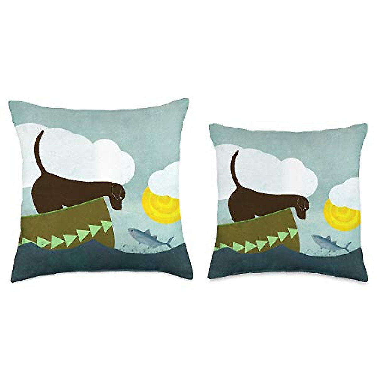 Chocolate Lab On the Lake In A Canoe Meets A Fish Throw Pillow, 16x16, Multicolor