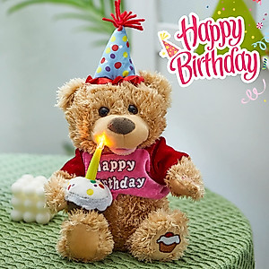 Houwsbaby 13.5'' Birthday Teddy Bear Interactive Stuffed Animal Electric Singing Musical Plush Toy with Cupcake, Glow Candle Teddy Bear Presents for Kids Girls Boys Birthday Holiday