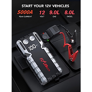 FLYLINKTECH 5000A Car Battery Jump Starter(Up to 9.0L Gas or 8.0L), Portable Car Jump Starter Battery Pack, 12V Jump Box with Safety Jumper Cables, Fast Charge 3.0, Lights, LCD Display