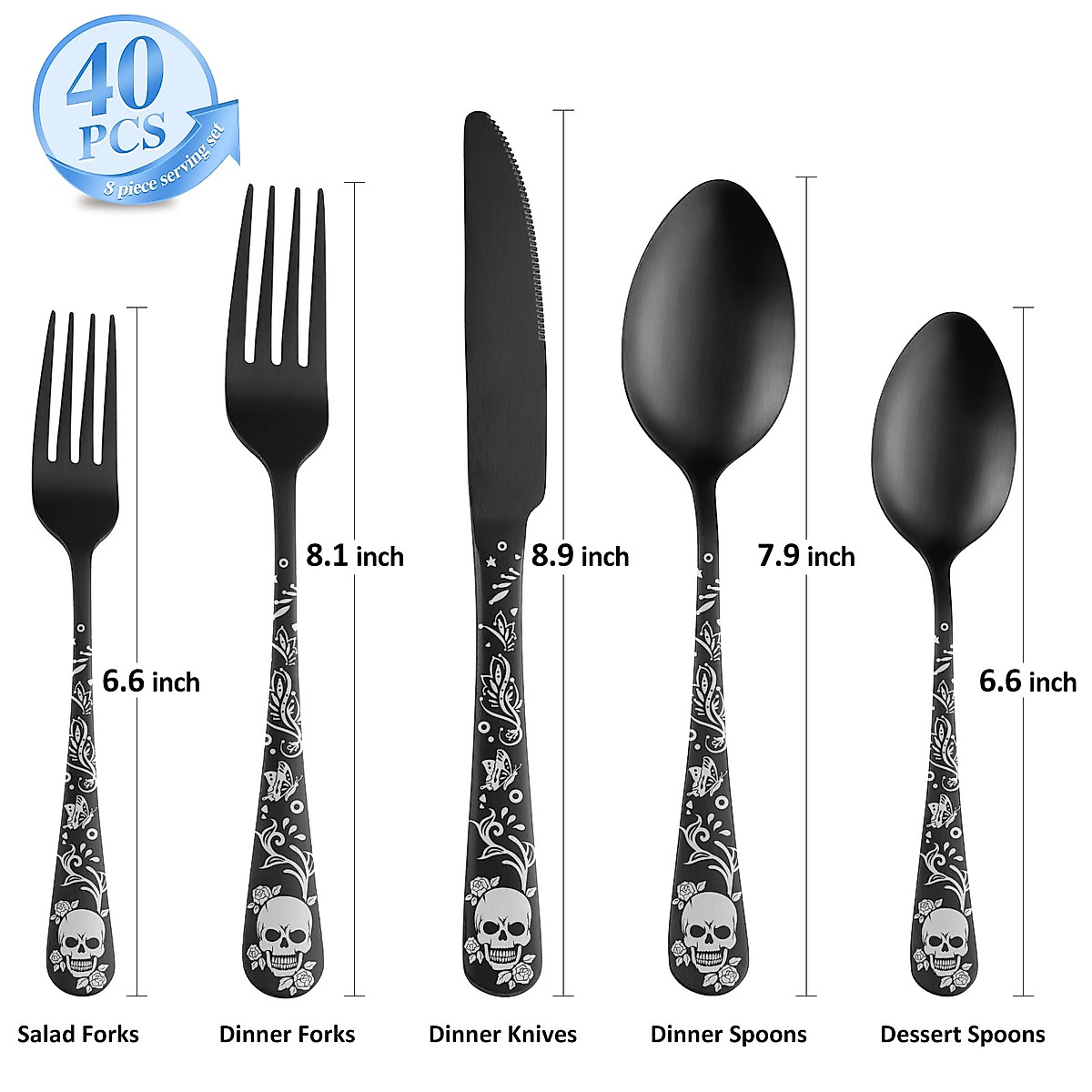 SANLUNS 40 Piece Skull Pattern Matte Silverware Set for 8, Black Flatware set Service for 8,Gothic Unique Skull Pattern Design,18/0 Stainless,Satin Finish Cutlery for 8,Dishwasher Safe