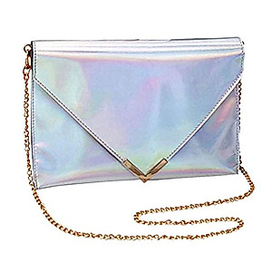 Goclothod Large Shoulder Bag Women Holographic Envelope Clutch Handbag Chain Crossbody Bag Tote Purse (Silver)
