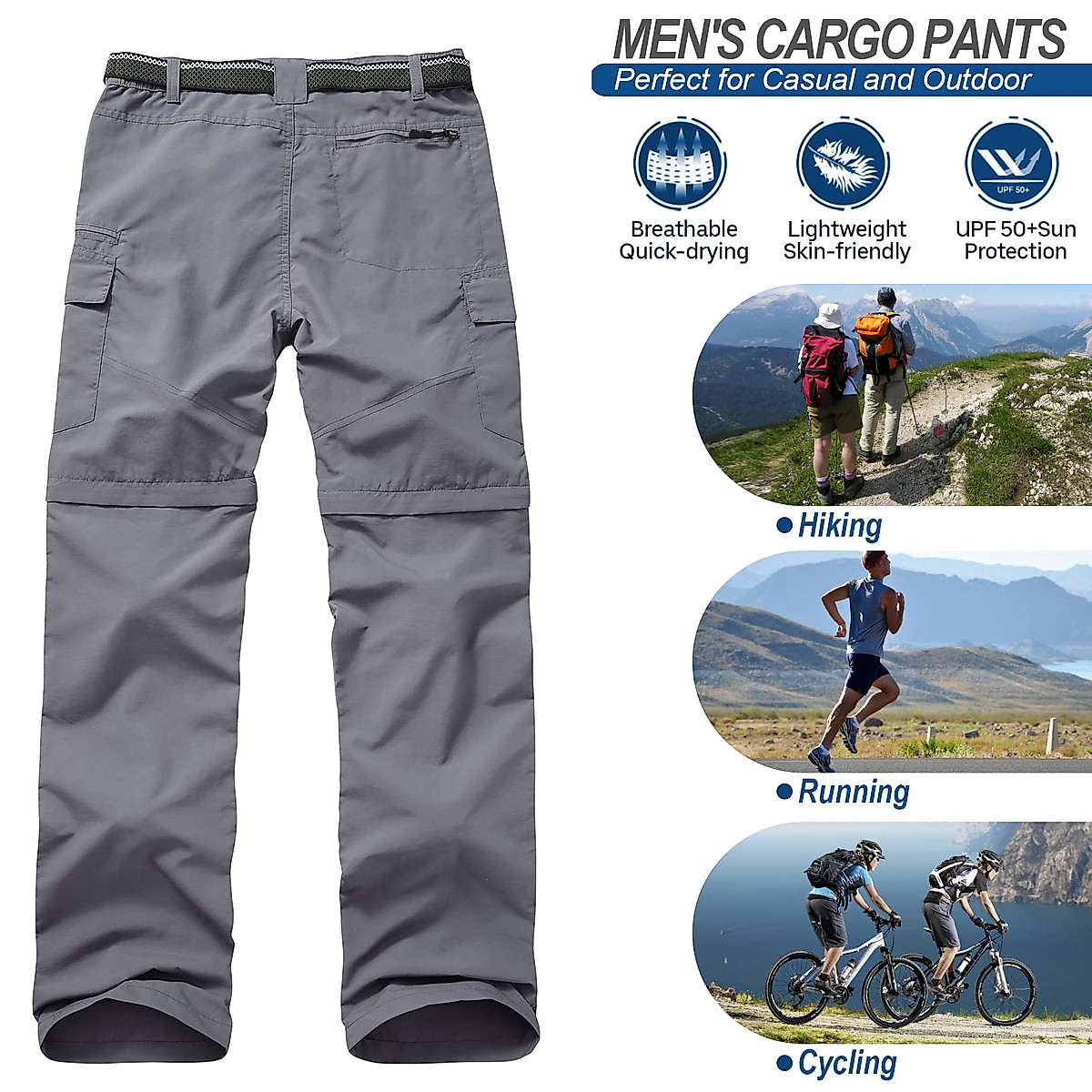Mens Hiking Pants Quick Dry Lightweight Fishing Pants Convertible Zip Off Cargo Work Pants Trousers #6055,Grey,36