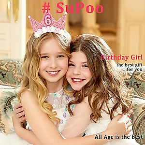 SuPoo Birthday Decorations for Girls - 6th Birthday Headband Crown, Glitter Hair Band, Flower Princess Tiara Hair Accessory for Party