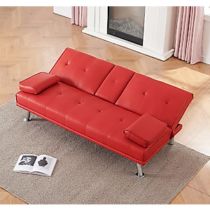 Anwick Modern Leather Futon Sofa Bed,Convertible Folding Couch Recliner Sleeper Loveseat for Small Space,Apartment,Office,Dorm,with Cup Holders and Removable Armrest (Red)