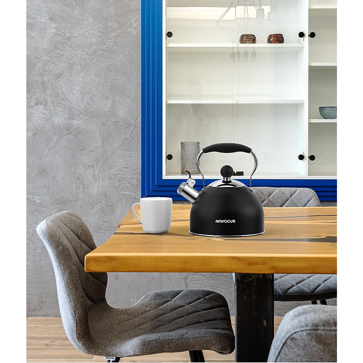 AMFOCUS Tea Kettle, 2 Quart Stainless Steel Whistling Tea Kettle, Stovetop Whistling Teakettle Tea Pots for Stove Top with Ergonomic Folding Handle, Small Teapot, Water boiler for Tea, Coffee (Black)