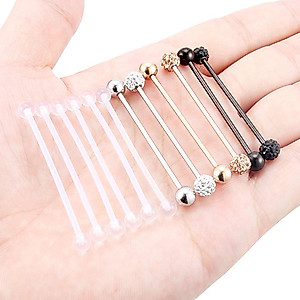 Hoeudjo Industrial Barbell 14G 12Pcs Bioflex Clear Acrylic Earring Retainer Surgical Steel Helix Conch Cartilage Ring Body Piercing Jewelry 1 1/2 Inch(38mm) for Women Men Silver Black Rose Gold