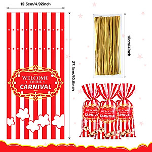 Carnival Candy Bags Circus Plastic Bags Carnival Party Treat Bags Popcorn Pattern Party Bags Goody Bags with 100 Gold Twisted Ties for Party Favor Supply Cookie Cupcake Wrapping(Simple,100 Packs)