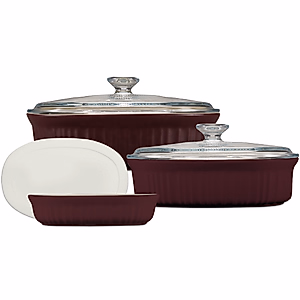 CorningWare Ceramic Bakeware Set with Lids, Chip and Crack Resistant Stoneware Baking Dish, Microwave, Dishwasher, Oven, Freezer and Fridge Safe, 6-Piece French Cabernet