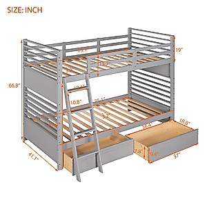 BIADNBZ Solid Wood Twin Over Twin Bunk Bed with Two Drawers Can Be Separated into Two Bedframe for Kids/Teens/Adults Bedroom,Gray