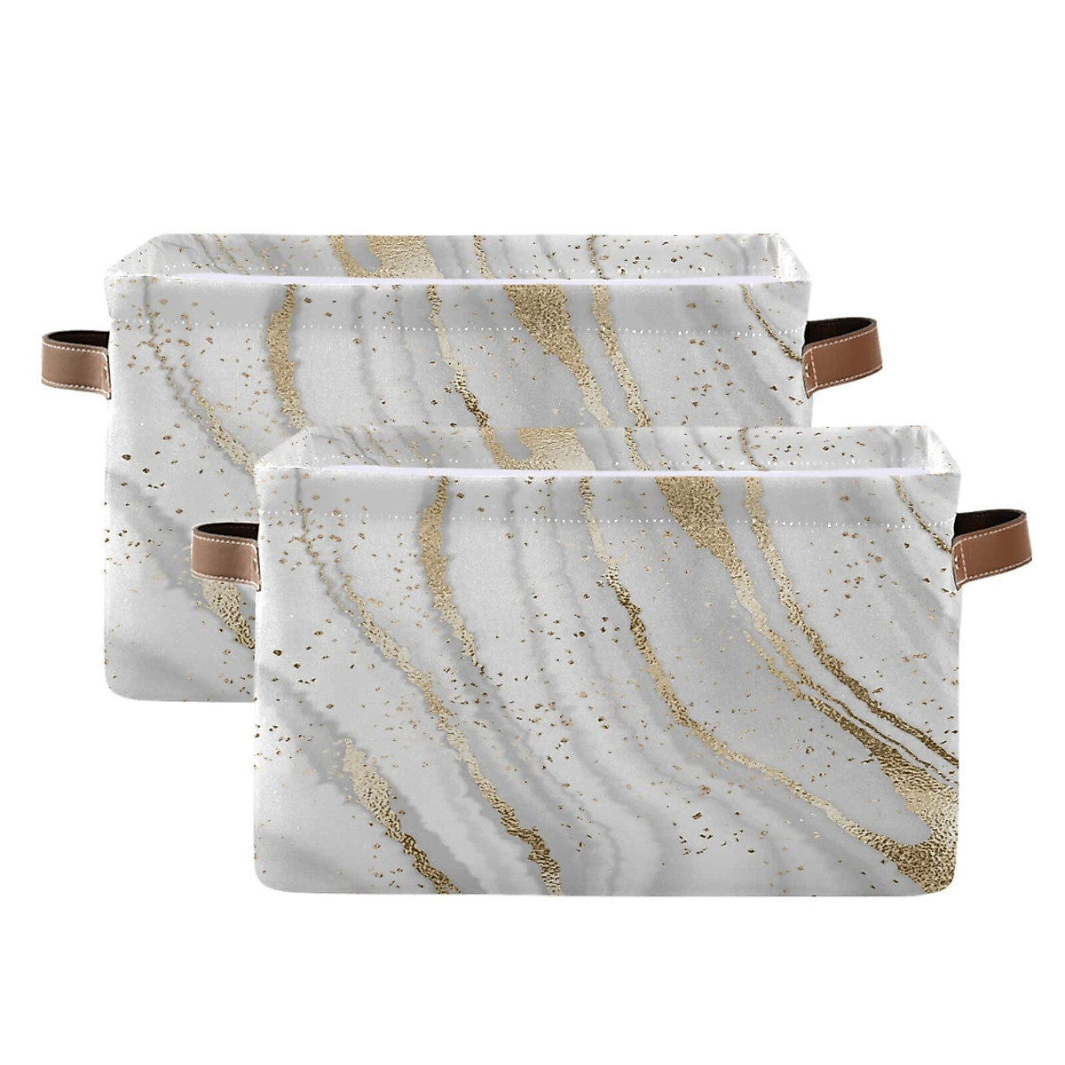 MNSRUU Storage Basket White Gold Marble Collapsible Organizer Basket with PU Handles, Waterproof Nursery Storage Bin，2 Pack