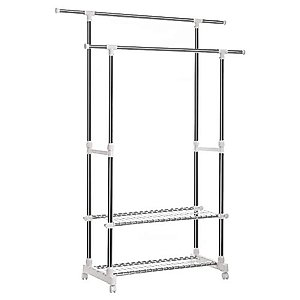 SONGMICS Clothes Rails, Double Hanging Rails with 2-Tier Shelves, Telescopic Extendable Coat Rack with Casters, Stainless Steel Coated Iron Pipes, 154 x 42 x 172 cm by SONGMICS