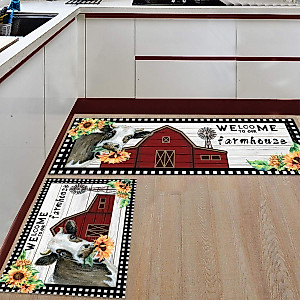 Queener Home Farmhouse Cow and Old Red Wooden Barn Kitchen Rugs and Mats Set of 2, Washable Floor Doormat Comfort Area Runner Rug Non-Slip Rubber Backing for Indoor Sunflowers