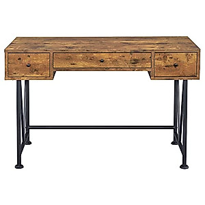 Coaster Furniture Analiese Farmhouse 3 Drawer Home Office Writing Desk Black Metal Base Antique Nutmeg Brown 801541