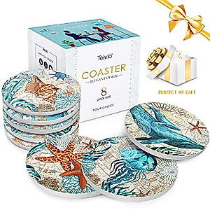 Teivio Absorbing Stone Sea Ocean Life Coasters for Drinks, Cork Base with Holder,Coastal Decor Beach Theme Tropical,for Housewarming Apartment Kitchen Bar Decor, For Wooden Table Coffee table,Set of 8