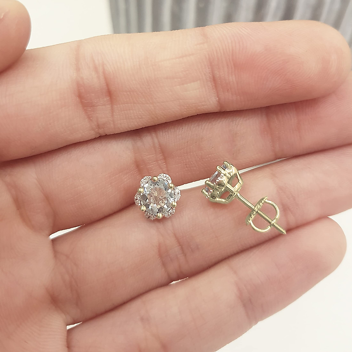 Dazzlingrock Collection 6mm Each Round Aquamarine with White Diamond Cluster Flower Shape Screw Back Stud Earrings for Women in 14K Yellow Gold