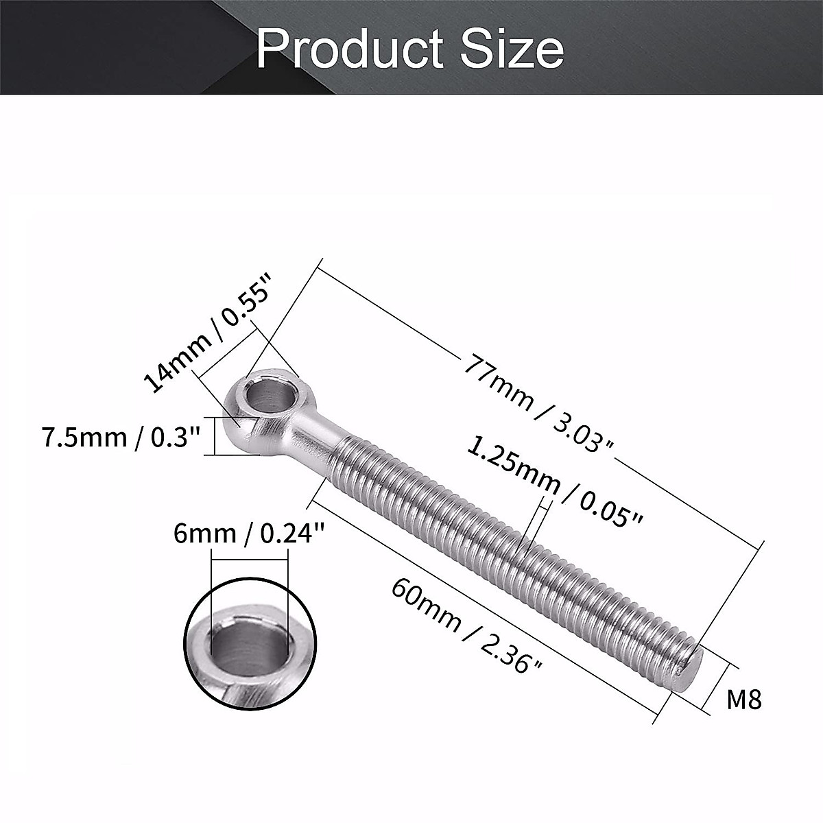 MroMax M8x70mm Machinery Shoulder Swing Lifting Eye Bolt 304 Stainless Steel Metric Thread Silver 2pcs