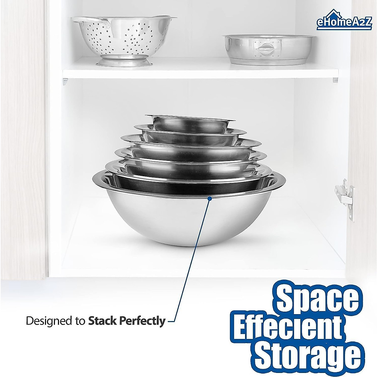 EHOMEA2Z Mixing Bowls Metal Stainless Steel Set (7 Pack) Kitchen Nesting Bowls for Space Saving Storage Gadgets, Baking, Cooking, Breader Bowl, Polished Mirror