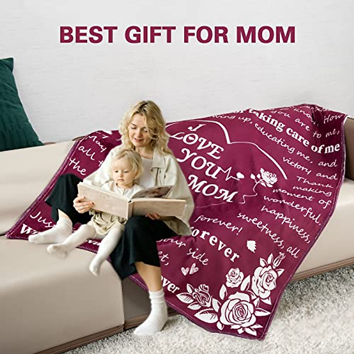 SRIZIAN Gifts for Mom, Birthday Gifts for Mom, I Love You Mom Gift Blanket, with Printed Blanket, Unique Mom Gift from Daughter or Son for Valentine's Day, Birthday, Thanksgiving, Christmas