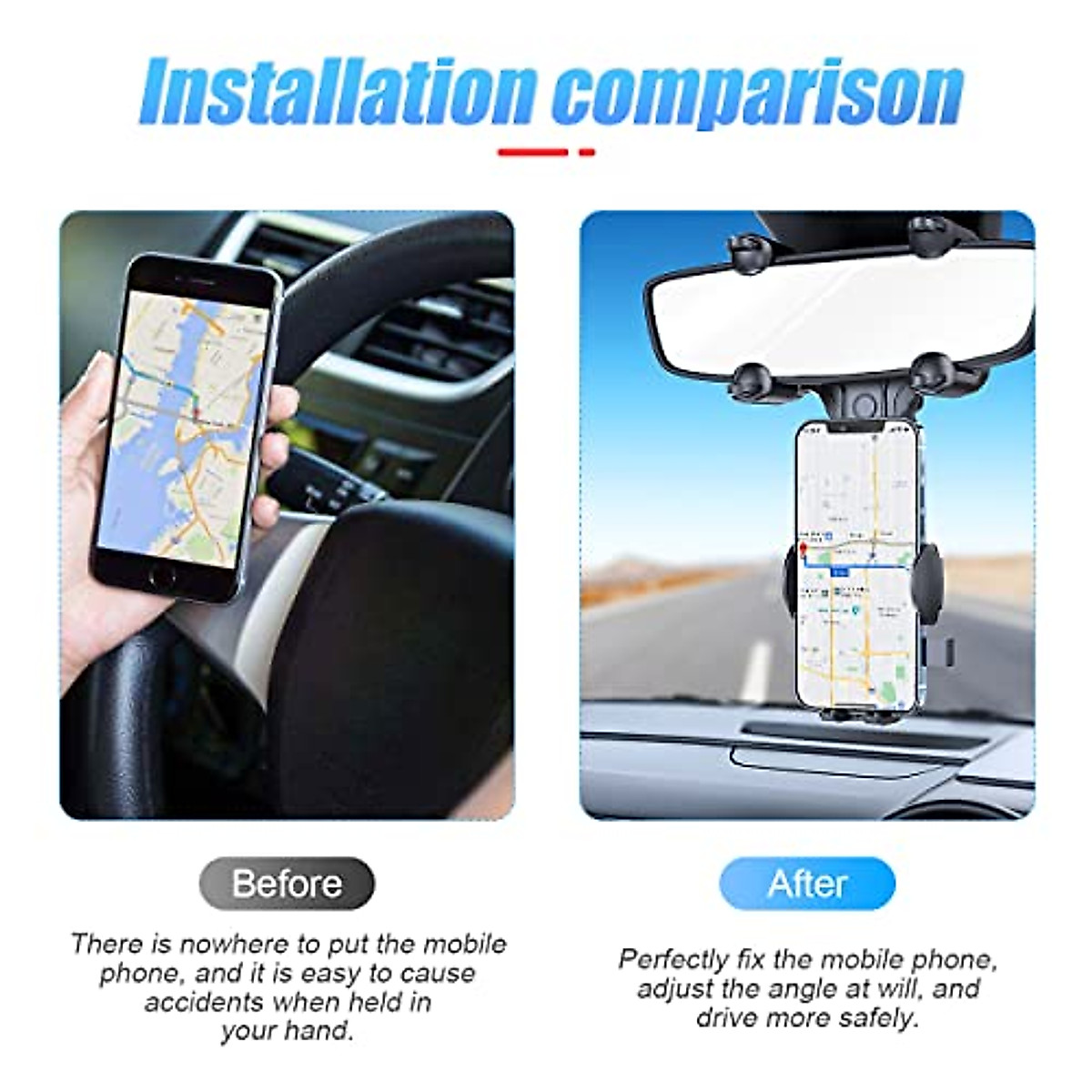 Rearview Mirror Phone Holder for Car, New Upgraded Car Cell Phone Holder, 360 Rotatable and Adjustable Anti-Shake Car Phone Holder Mount for iPhone 14 13 Pro Max, Most Mobile Phones & Vehicles