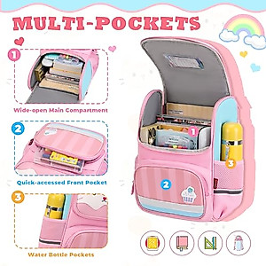 ASKSKY Kids Backpack for Girls, Kawaii Cartoon School Backpack Wide Open Bookbag for 5-10 years old with Reflective Strip, Blue Kitty