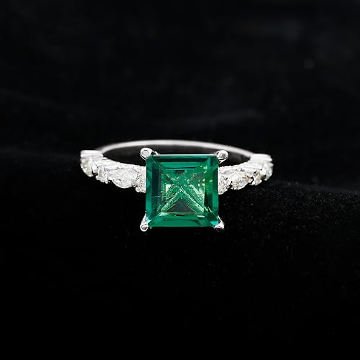 Certified Lab Grown Emerald 8mm Princess Cut Engagement Ring, AAAA Quality, Emerald Moissanite Ring - With Jewelry Box, 14K White Gold, Size:US 6.50