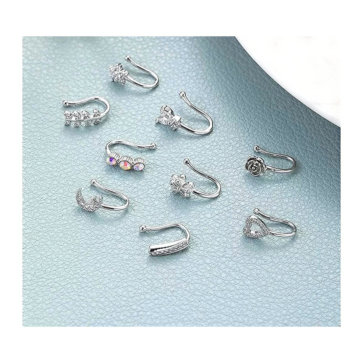 Barnabys Nose Cuffs Non Piercing. Pack of 9 Nose Cuffs - Silver With Rhinestones. 9 Stylish Designs to choose from - Nose Cuff Jewellery for Non Pierced Nose - Clip on Design - Silver