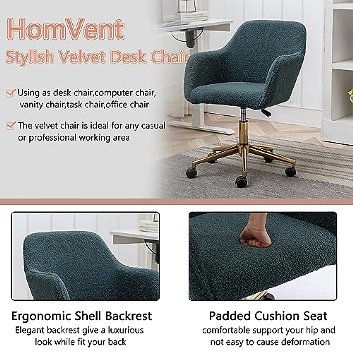 HomVent Desk Chairs on Wheels White Vanity Chair with Girls Comfy Computer Desk Chair,Comfortable Chair for Desk/Task Chair/Rolling Chair for Bedroom,Living Room,Vanity Room
