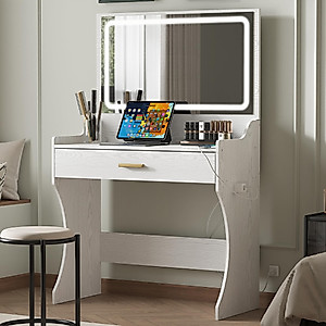 ZOPEND Vanity Desk with Lights and Mirror, Makeup Vanity Table Mirror with 3 Lighting Color Adjustable and Power Strip, Modern Dressing Table with Large Drawer White