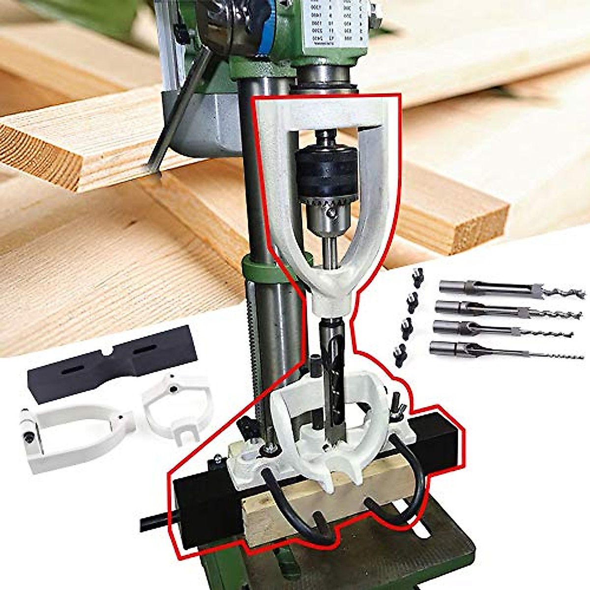 CHUNILLE Square Hole Chisel and Bit Machine Set, Mortising Kit Woodworking Bench Drill Joint Mortise Square Hole Drilling Set of Bench Drill with 4 Bits