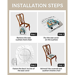 Blue Old Car with Kind of Puppies Seat Covers for Dining Chairs, Stretch Kitchen Chair Slipcovers, Retro Wooden Stripes Grain Dining Room Chair Covers Removable Office Chair Cover Protector Set of 6