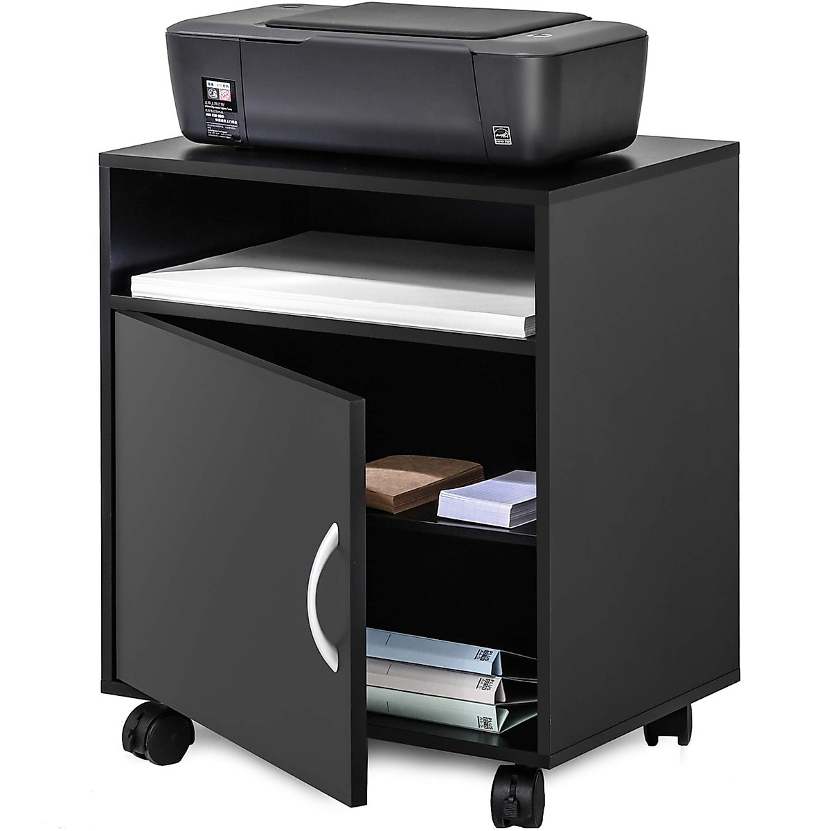 FITUEYES Printer Stand with Adjustable Storage Shelves, Mobile Black Wood Work Cart on Wheels, Rolling File Cabinet with Door for Home Office, PS404801WB