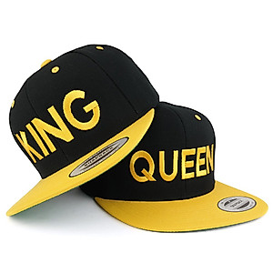 Trendy Apparel Shop KING and QUEEN Two Tone Embroidered Flat Bill Snapback Cap - 2pc Set - Black Yellow