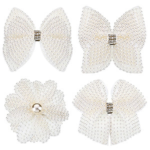 Chuangdi 4 Pieces White Rhinestone Hair Bows for Girls, Cute Pearls Hair Bow with Alligator Hair Clips Beads Hairgrip for Women Baby Teens Toddlers Children Hair Styling