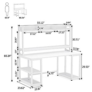Tribesigns 55 Inches Computer Desk with Hutch and Monitor Stand Riser, Rustic Industrial Desk Computer Table Studying Writing Desk Workstation with Storage Shelves Bookshelf for Home Office (White)