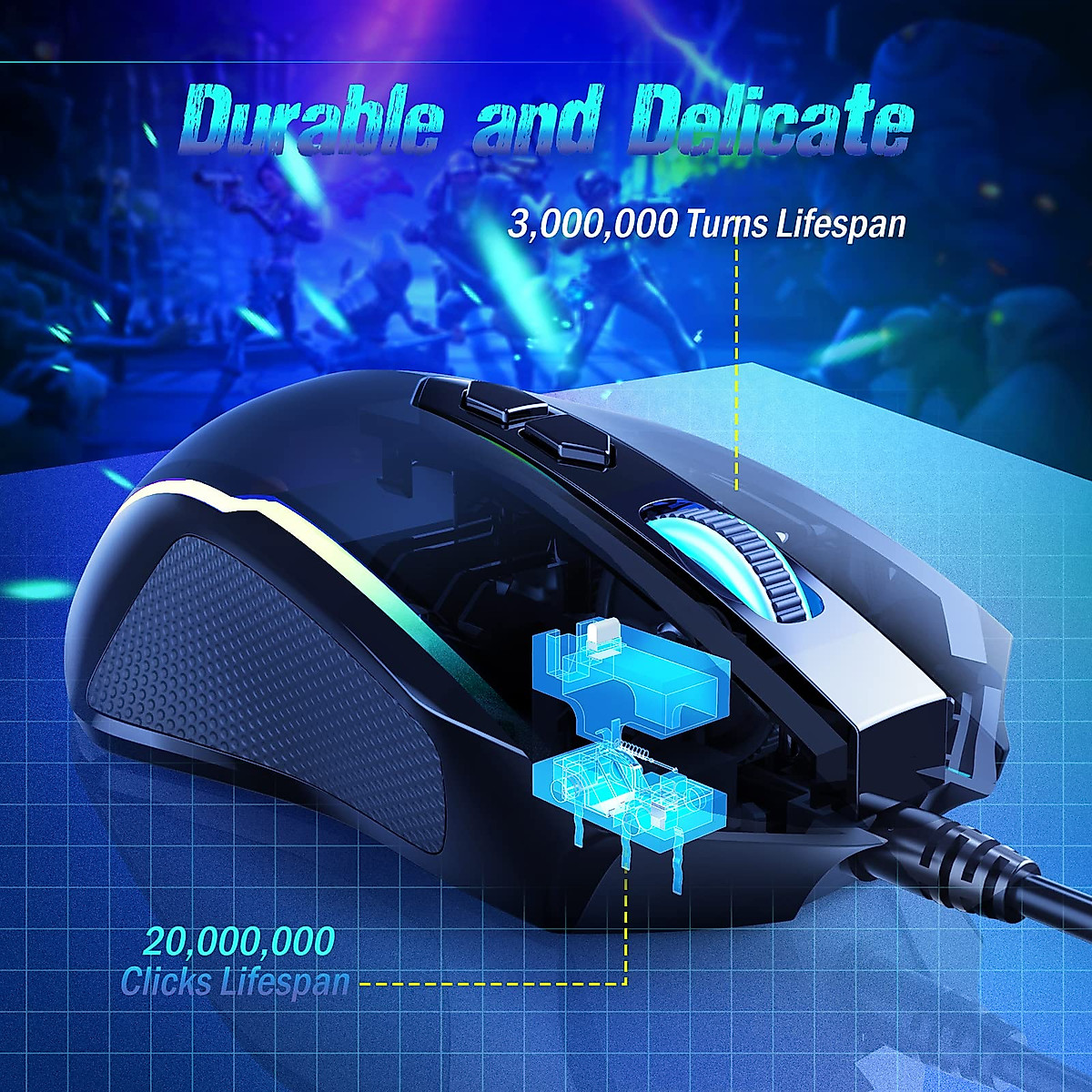 Wired Gaming Mouse, Ergonomic USB Computer Mouse with 8 Programmable Buttons, Optical Game Mouse with 16.8 Million Chroma RGB Backlights and 7 Light Modes, Adjustable 7200DPI for Windows PC Gamers