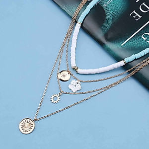 Yheakne Boho Layered Heishi Surfer Necklace Choker White Heishi Bead Choker Necklace Coin Disc Pendant Necklace Waterproof Sun Flower Necklace Chain Jewelry for Women and Girls