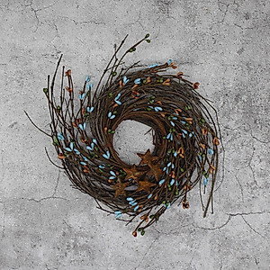 CVHOMEDECO. Primitives Rustic Pip Berries and Twig with Rusty Barn Stars Wreath, 7-Inch, Country Mix