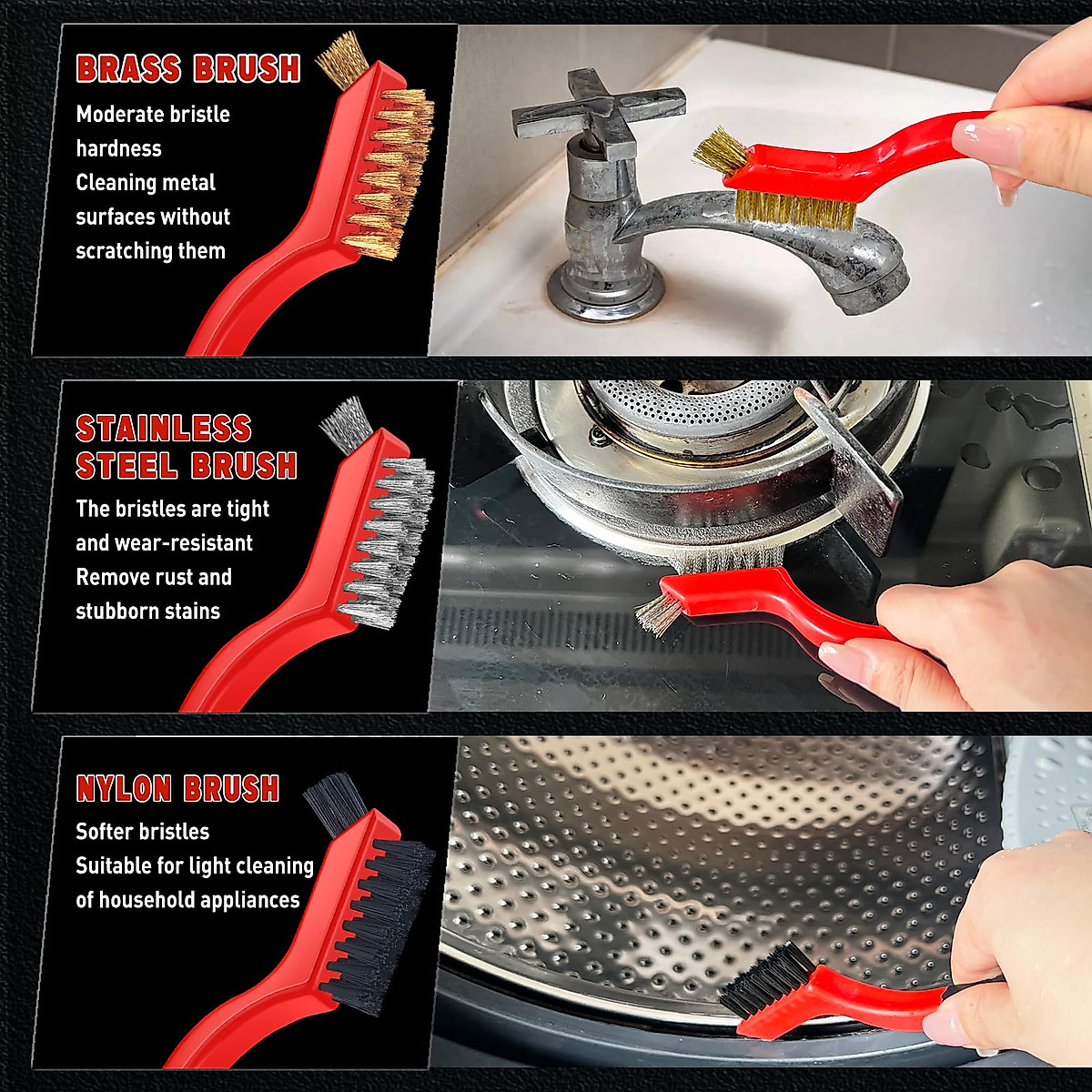 CasaCulina Wire Brush Set 3Pcs, Nylon/Brass/Stainless Steel Bristles with Curved Handle Grip, Small Wire Brushes for Cleaning Rust, Dirt & Paint Scrubbing, 7 Inches Scratch Brush with Deep Cleaning