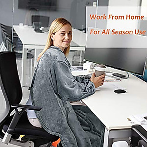 Wearable Blanket with Sleeves for Adult Women Men, Extra Soft Warm Cozy Micro Plush Lightweight Fleece Snuggy Body Blanket, TV Wrap Throw Blanket Robe with Pocket for Lounge Sofa Home Office, Gray